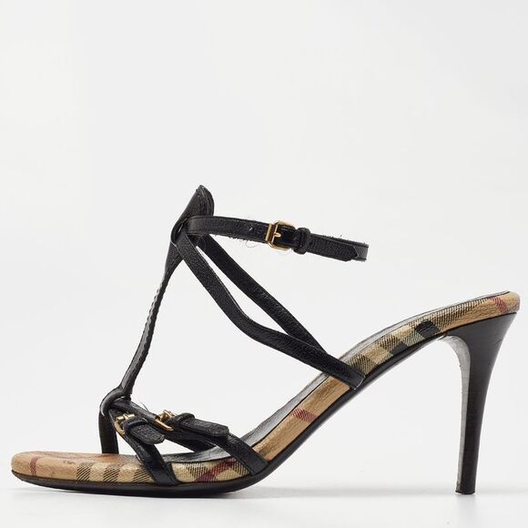 Burberry | Shoes | Burberry Black Leather Tbar Ankle Strap Sandals Size ...